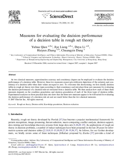 Pdf Measures For Evaluating The Decision Performance Of A Decision Table In Rough Set Theory