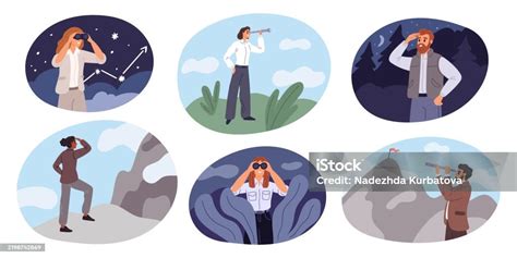 먼 거리의 장면을 바라보는 사람들 검색 목표 미래를 내다보십시오 망원경을 가진 남자와 여자 자연 탐험 사람들은 쌍안경으로 먼 곳을 응시합니다 화려한 벡터 세트 개체 그룹에