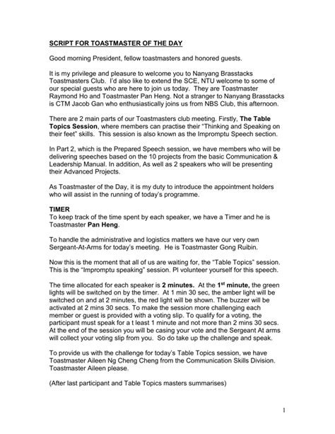 Script For Toastmaster Of The Day