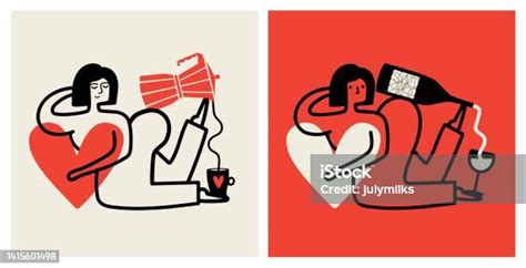 Vektor Iilustrasi Diatur Dengan Wanita Anggur Dan Kopi Ilustrasi Stok