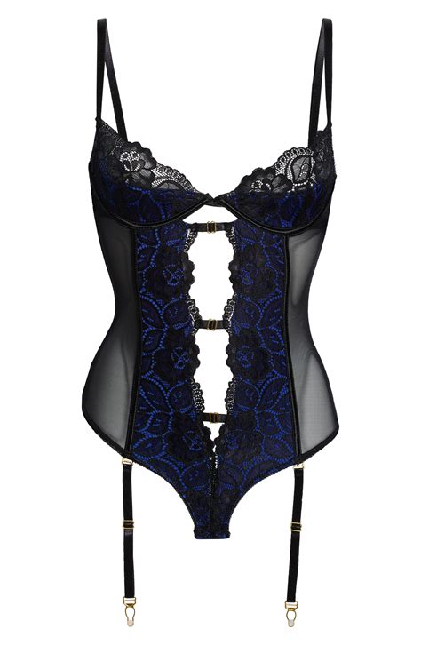 Seven Til Midnight Lace And Mesh Underwire Teddy With Garter Straps In Blue Lyst
