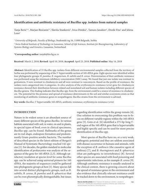 Pdf Identification And Antibiotic Resistance Of Bacillus Spp Dokumentips