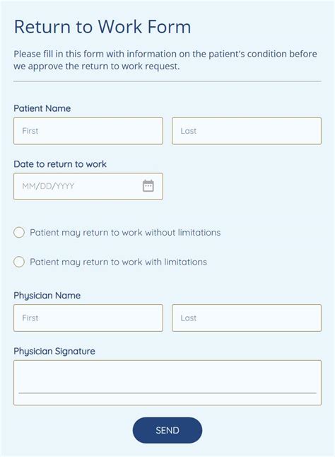 Return To Work Form Template FREE 123FormBuilder
