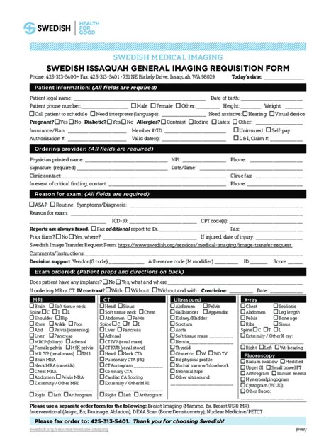 Fillable Online Swedish Issaquah General Imaging Requisition Form Fax