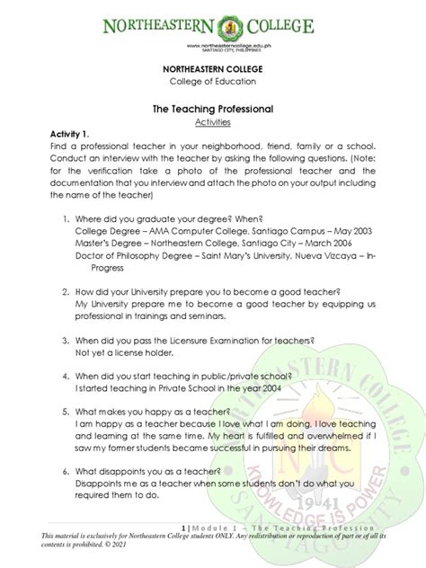 The Teaching Profession Activity 1 Unit 1 With Pic Pdf
