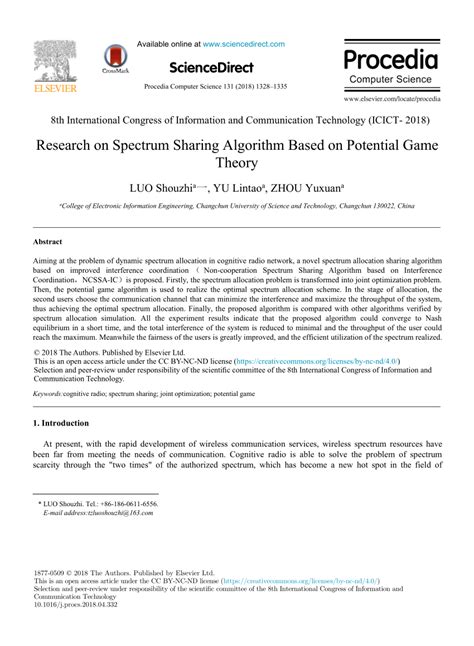 Pdf Research On Spectrum Sharing Algorithm Based On Potential Game Theory