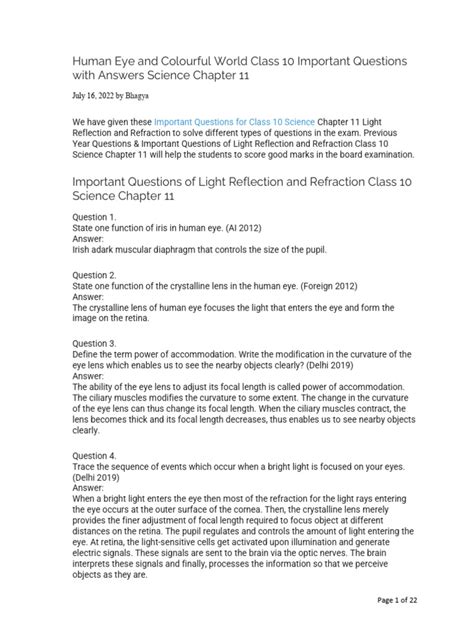 Human Eye And Colourful World Class 10 Important Questions With Answers Science Chapter 11 Pdf