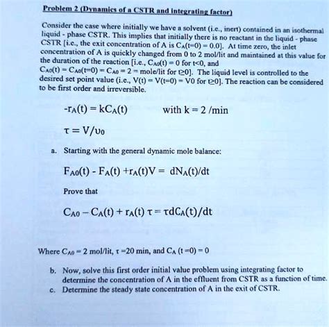 SOLVED Problem Dynamics Of N CSTR And Integrating Factor Consider The Case Where Initially