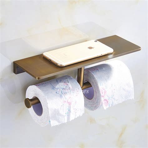 Gold Luxury Polished Antique Brass Double Toilet Paper Holder With Shelf
