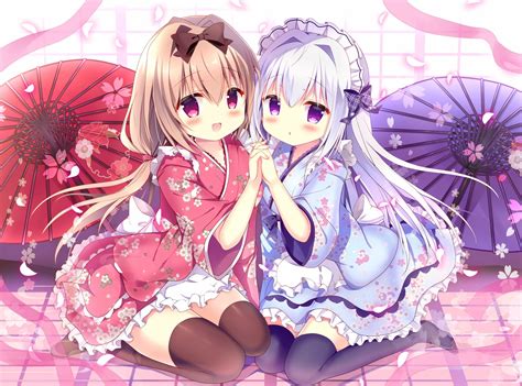2girls Azumi Kazuki Bow Brown Hair Cherry Blossoms Dress Flowers