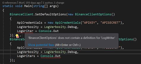 Console Example BinanceClientOption Does Not Contain A Definition For LogWriter Issue