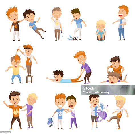 아이 괴롭힘 세트 유치한 괴롭힘 또는 어린이 간의 언어 적 및 신체적 갈등 나쁜 어린이 행동 무서워하고 강한 화난 어린이 갈등 만화 캐릭터 대결 그리기에 대한 스톡 벡터