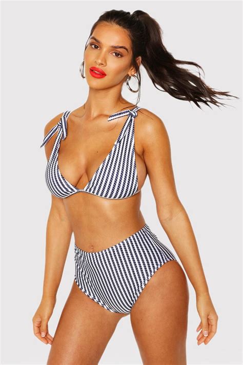 Nautical Tie Shoulder High Waist Bikini Set Boohoo Uk