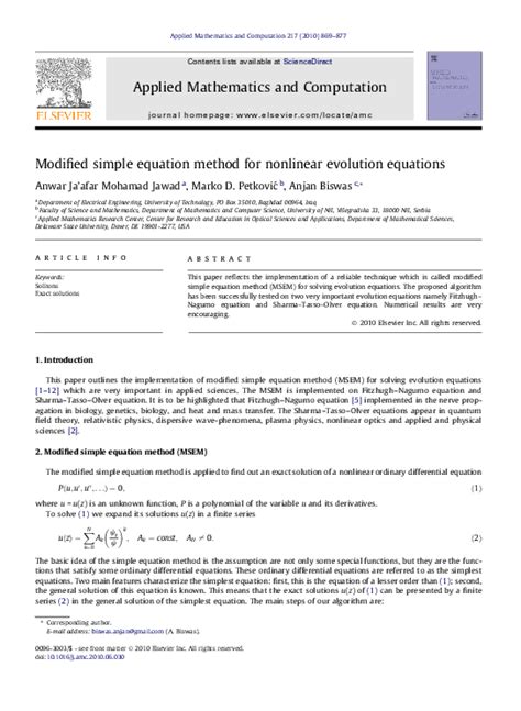 Pdf Modified Simple Equation Method For Nonlinear Evolution Equations