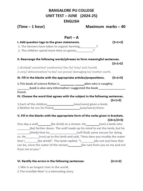 2nd Pu English Test Paper For June Month Pdf Linguistics Syntax