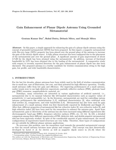 PDF GAIN ENHANCEMENT OF PLANAR DIPOLE ANTENNA USING GROUNDED METAMATERIAL