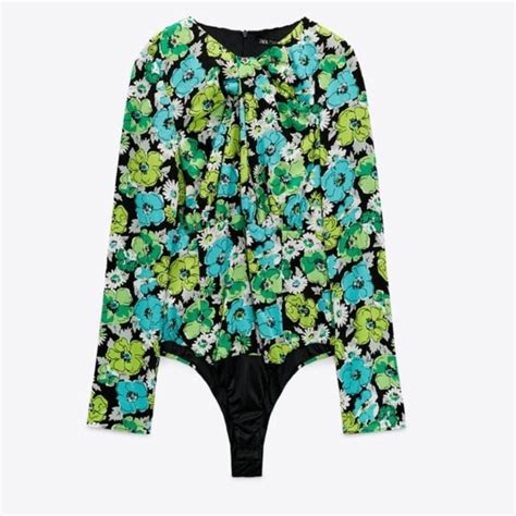 Zara Tops New Zara Green Floral Bodysuit Poshmark
