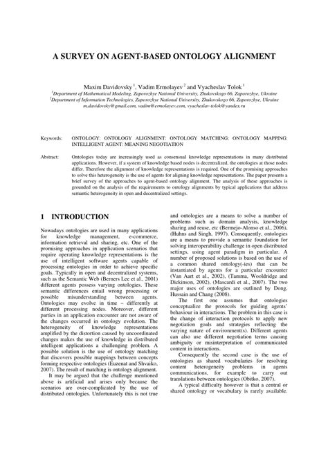 Pdf A Survey On Agent Based Ontology Alignment