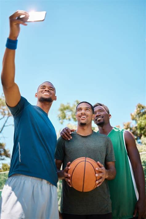 Selfie Basketball And Team With Phone On Court At Game Training Or