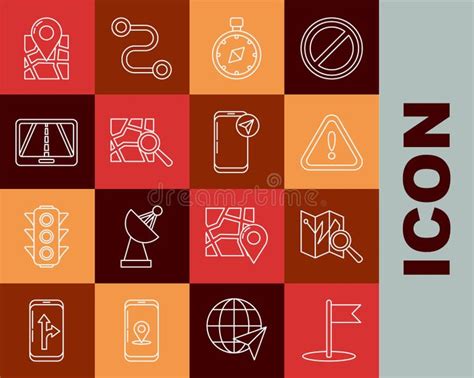 Set Line Flag Folded Map With Location Marker Exclamation In Triangle Compass Infographic Of