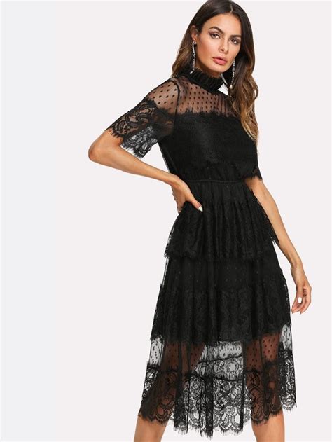 Shein Mock Neck Ruffle Trim Lace Dress Lace Dress Dress Fit N Flare