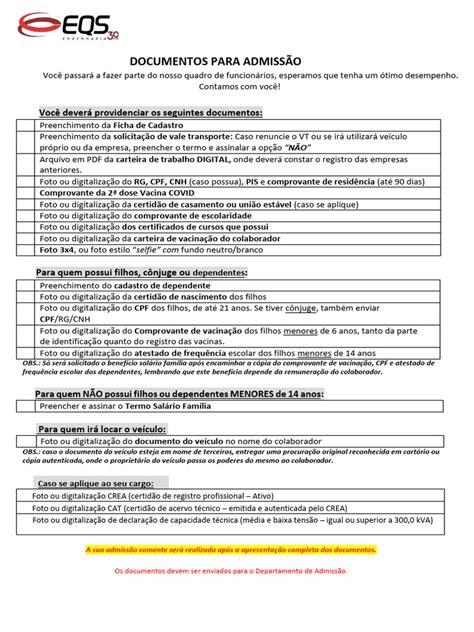 Etapa I Lista De Documentos Necessários Para Admissão Pdf