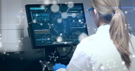 Animation Of Molecules Over Caucasian Female Scientist Working In Lab