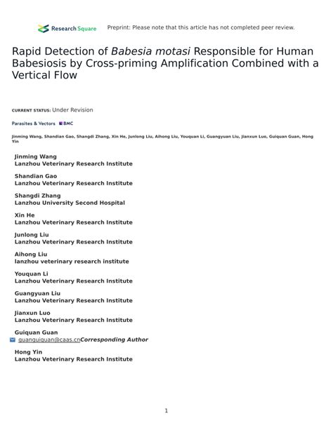 Pdf Rapid Detection Of Babesia Motasi Responsible For Human