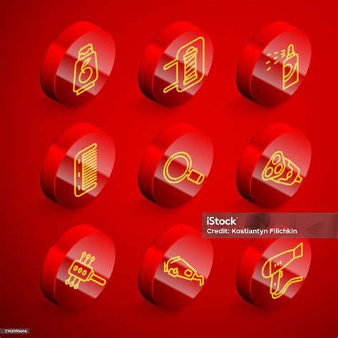 샴푸 병 이발소 기둥 헤어 스프레이 스프레이 캔 헤어 브러시 손 거울 전기 면도날 및 전기 클리퍼 아이콘을 설정합니다 벡터 3차원 형태에 대한 스톡 벡터 아트 및 기타