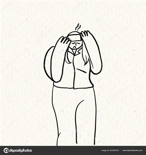 Hand Drawn Healthcare Doodle Vector Woman Fever Character Stock Vector