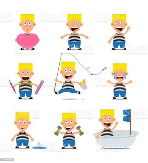 흰색 배경의 어린이 아바타 세트 선원 줄무늬 조끼에 귀여운 만화 작은 소년 다채로운 플랫 벡터 일러스트레이션 만화책에 대한 스톡 벡터 아트 및 기타 이미지 Istock