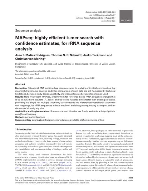 Pdf Mapseq Highly Efficient K Mer Search With Confidence Estimates For Rrna Sequence Analysis