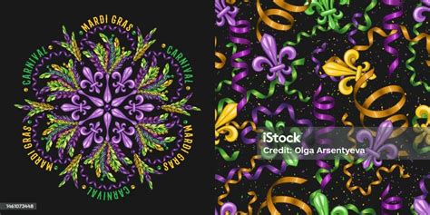 둥근 장식 마디 그라 카니발 장식을 위한 원활한 패턴의 세트 플뢰르 드 리스 깃털 어두운 배경에 구슬 인쇄물 의류 티셔츠 휴일 용품 물건 빈티지 스타일 0명에 대한 스톡