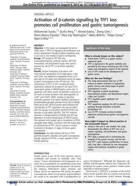 Pdf Activation Of β Catenin Signaling By Tff1 Loss Promotes Cell