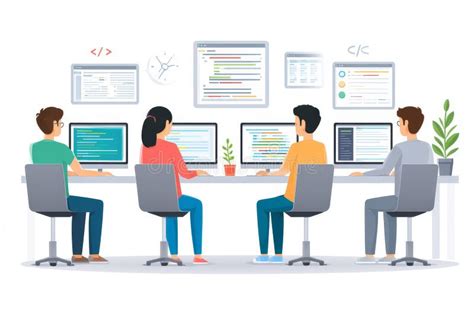 software development team collaboration four programmers work together