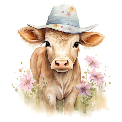 농장 마법의 동화 클립 아트 그림에 밀짚모자를 쓴 아름다운 소 프리미엄 사진