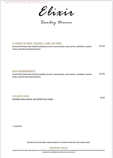 Menu At Elixir Restaurant Richmond
