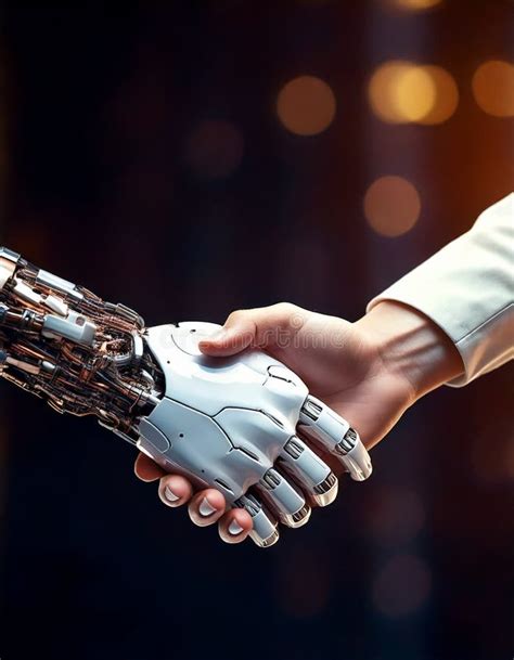 Generated Image Robot Woman Hand Shakes Hand With Human Hand Stock