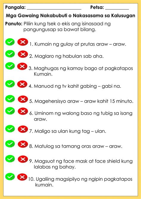 Mga Gawaing Nakabubuti At Nakasasama Sa Kalusugan Worksheet Worksheets For Grade 3 Formative
