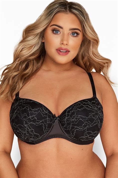 Black Metallic Floral Lace Balcony Bra Yours Clothing