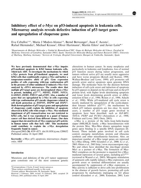 Pdf Inhibitory Effect Of C Myc On P53 Induced Apoptosis In Leukemia