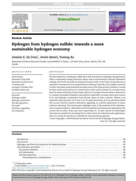 Pdf Hydrogen From Hydrogen Sulfide Towards A More Sustainable