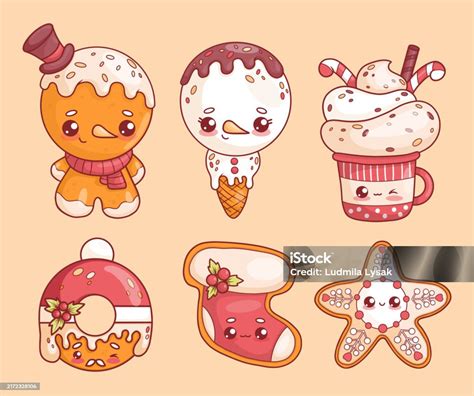 크리스마스 진저 브레드 귀여운 인형 쿠키와 아이스크림 콘 재미있는 눈사람 크림 디저트가 담긴 컵 크리스마스 양말 별 유약 방울이 든 산타 도넛 고립 된 벡터 휴일
