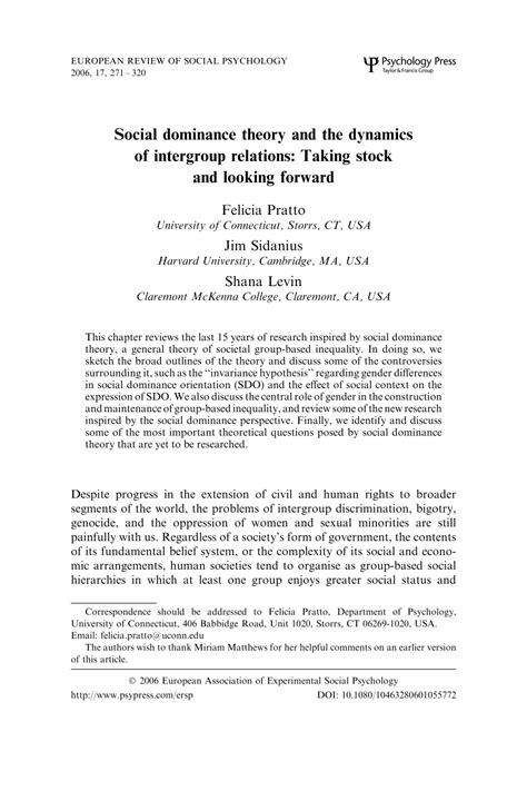 Social Dominance Theory And The Dynamics Of Intergroup Relations Taking Stock And Looking