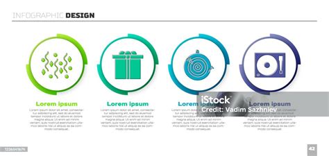 축제 색종이 선물 상자 클래식 다트 보드와 화살과 비닐 디스크와 비닐 플레이어를 설정합니다 비즈니스 인포그래픽 템플릿입니다 벡터 다트에 대한 스톡 벡터 아트 및 기타 이미지