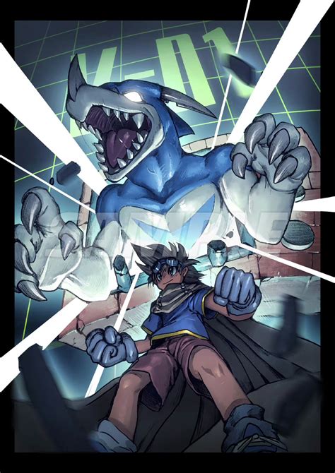 V Dramon Yagami Taichi And Zeromaru Digimon And 1 More Drawn By Bly