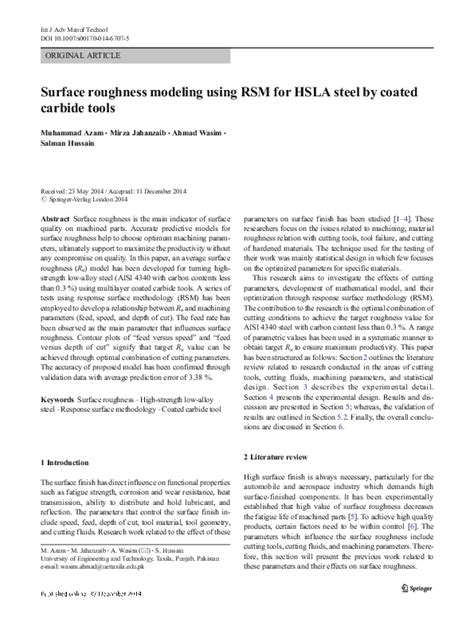 Pdf Surface Roughness Modeling Using Rsm For Hsla Steel By Coated Carbide Tools Muhammad