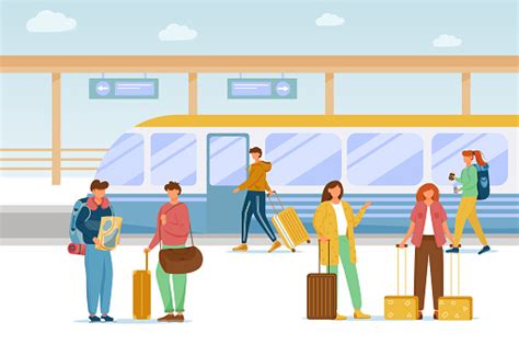 기차역 플랫 벡터 그림입니다 현대 도시 대중 교통 도시 교통 기관차와 플랫폼에 승객 기차를 기다리는 사람들 수하물 만화 캐릭터와 함께 걷는 사람들 기차에 대한 스톡 벡터