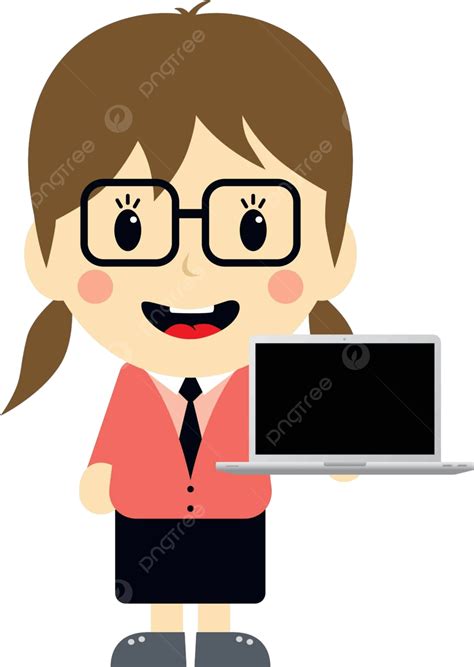 Cute Girl With Laptop Cartoon Character Notebook Adult Thinking Vector