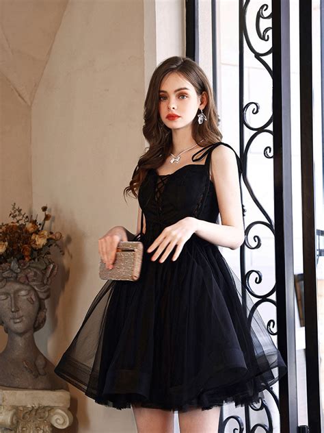 Cute V Neck Tulle Black Short Prom Dress Black Homecoming Dresses